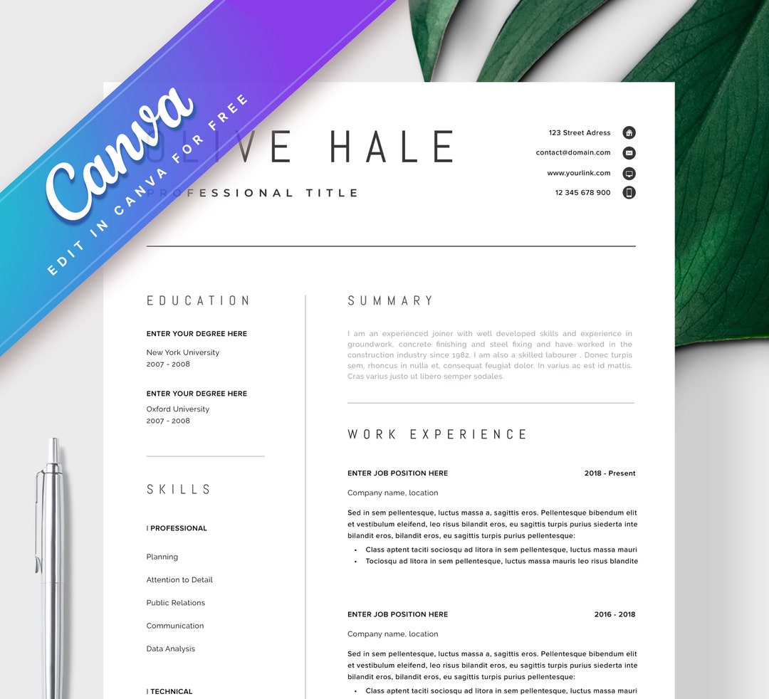 Resume Template for Canva Professional CV Template, Canva Modern Resume ...