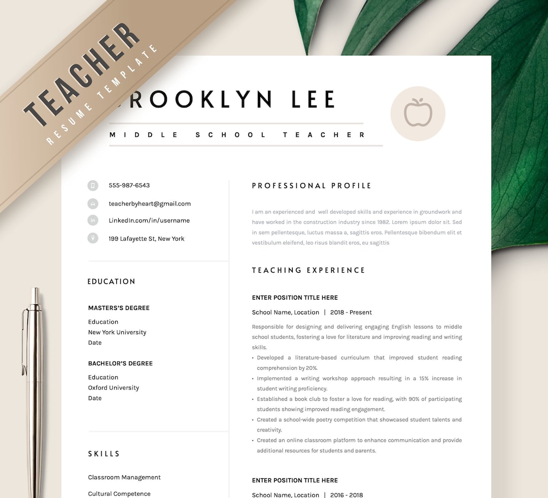 Teacher Resume Template for Word & Pages, CV Teacher Resume, Elementary ...