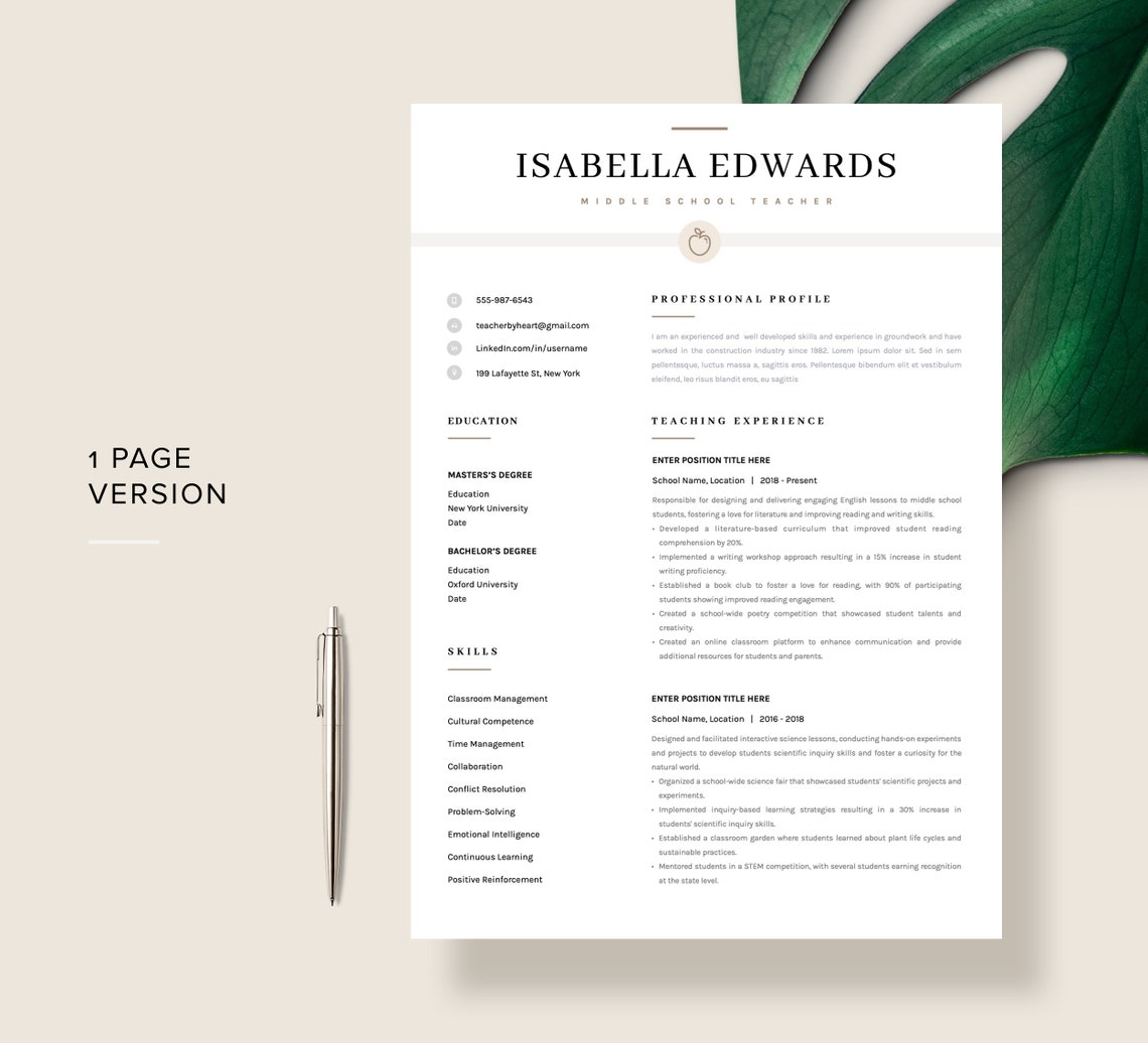 Resume Template Teacher Resume Word Pages Teacher CV Template, Teaching ...