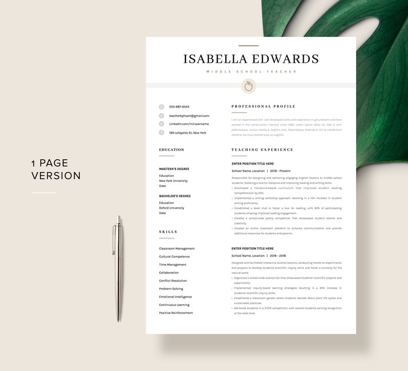 Resume Template Teacher Resume Word Pages Teacher CV Template, Teaching ...