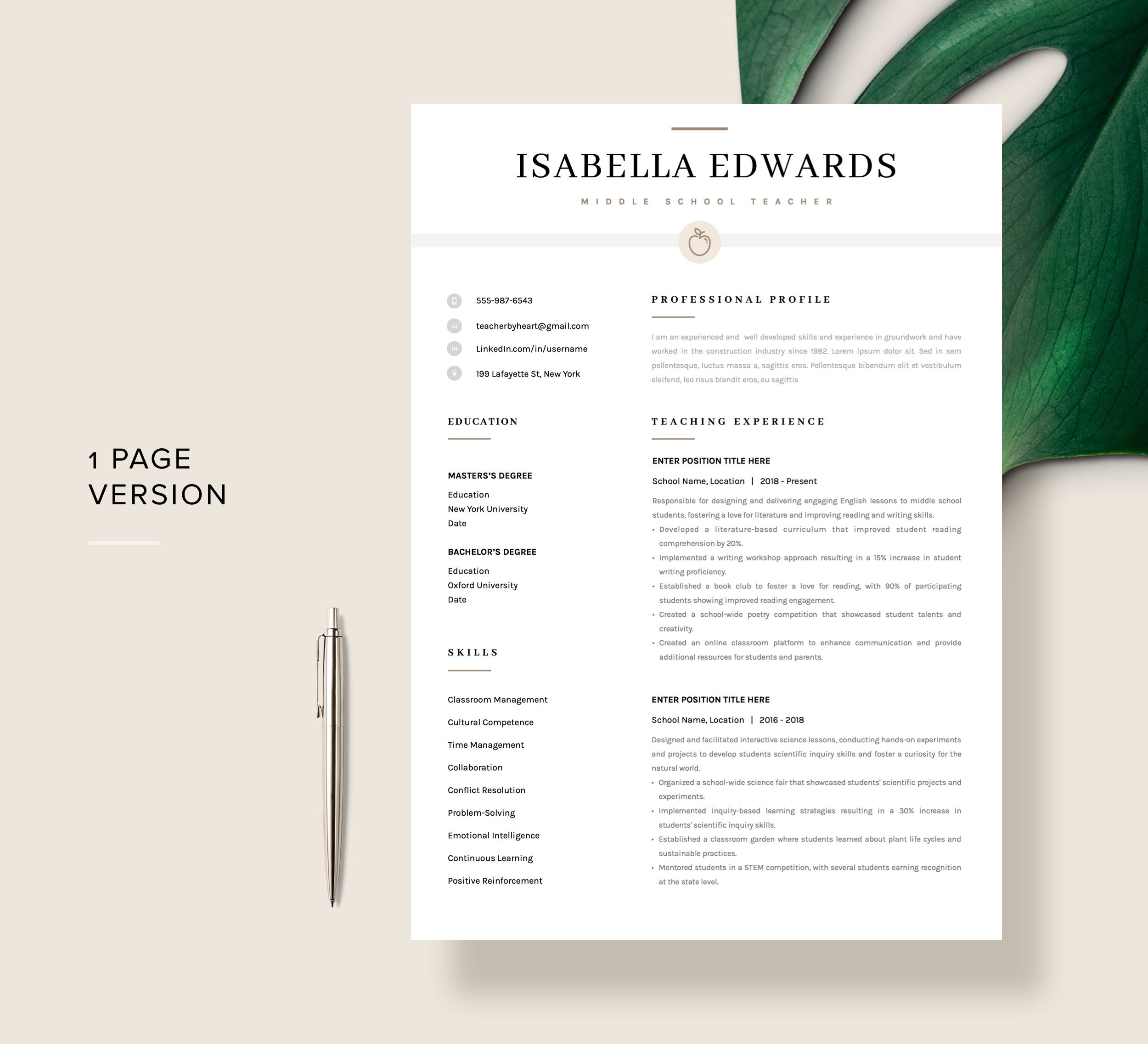 Resume Template Teacher Resume Word Pages Teacher CV Template, Teaching ...
