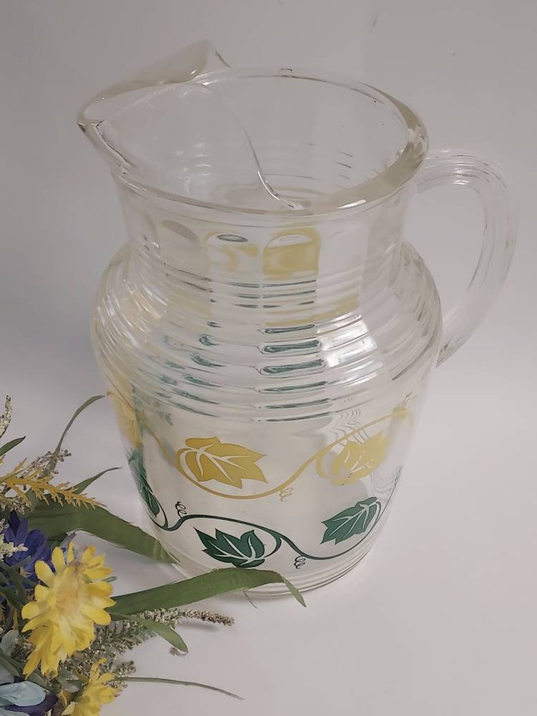 Vintage Large Glass Pitcher With Green and Yellow Leaf Vine Pattern - Etsy