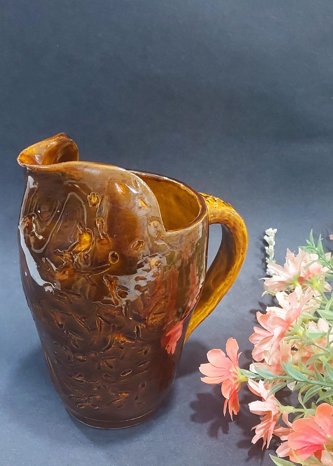 Brown Drip Pitcher With Bird, Bush Flower Design - Etsy