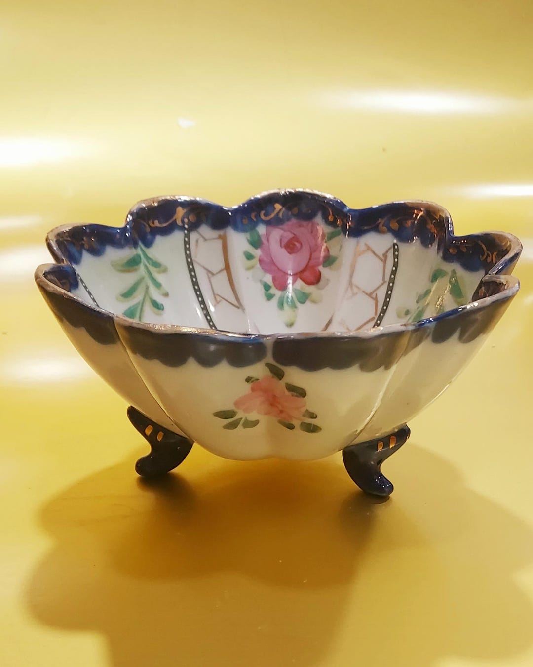 Vintage Nippon 3 Footed Bowl With Pink Flowers and Cobalt Blue and Gold ...