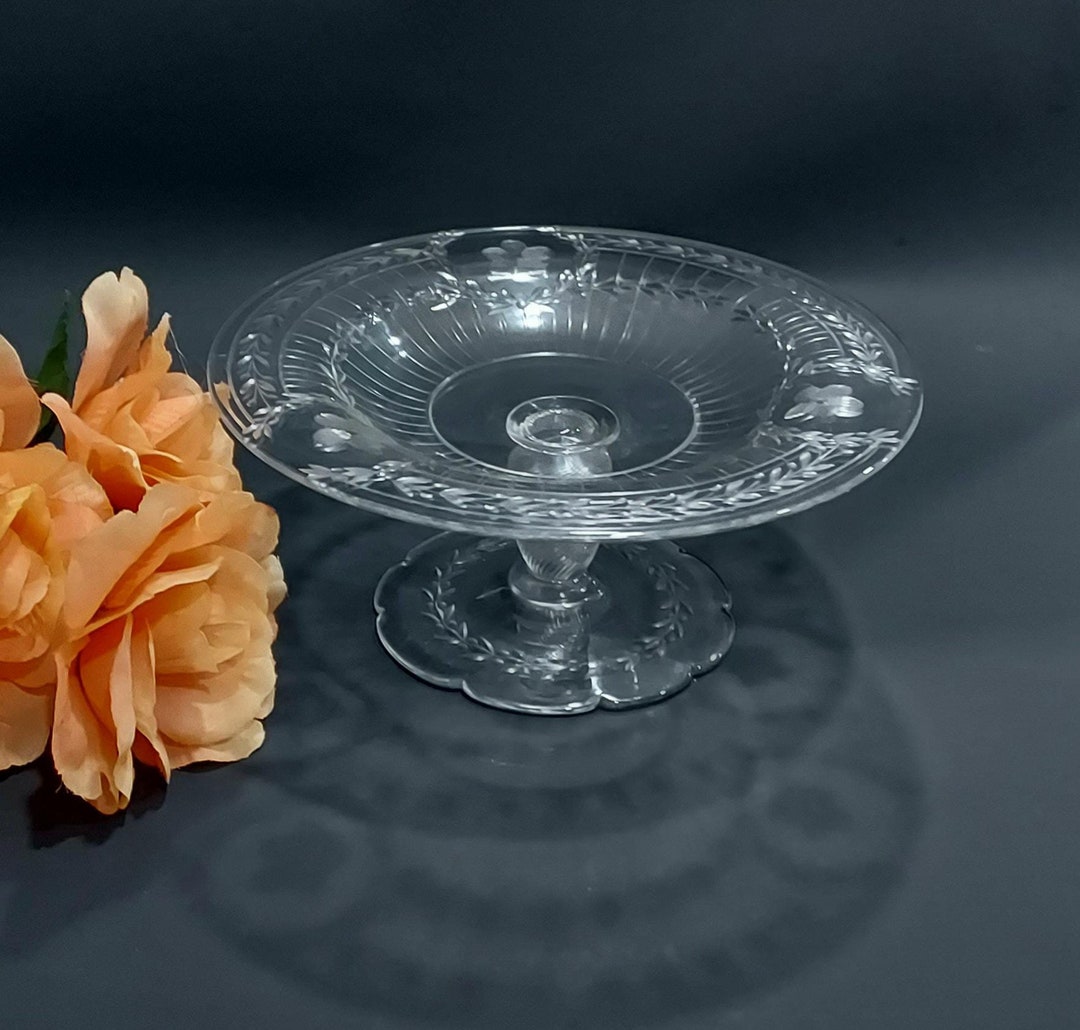 Vintage Glass Compote With Etched Vines and Floral - Etsy