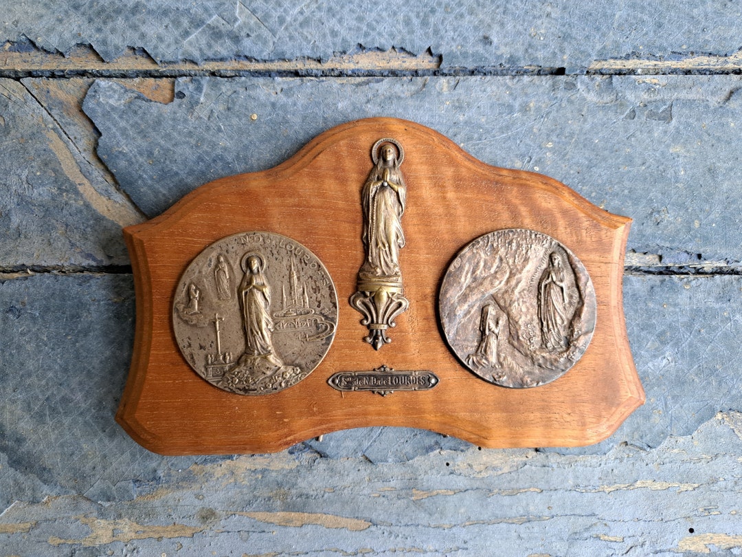 Antique Religious Plaque Lourdes, Wood Pewter, French Vintage, 3 ...