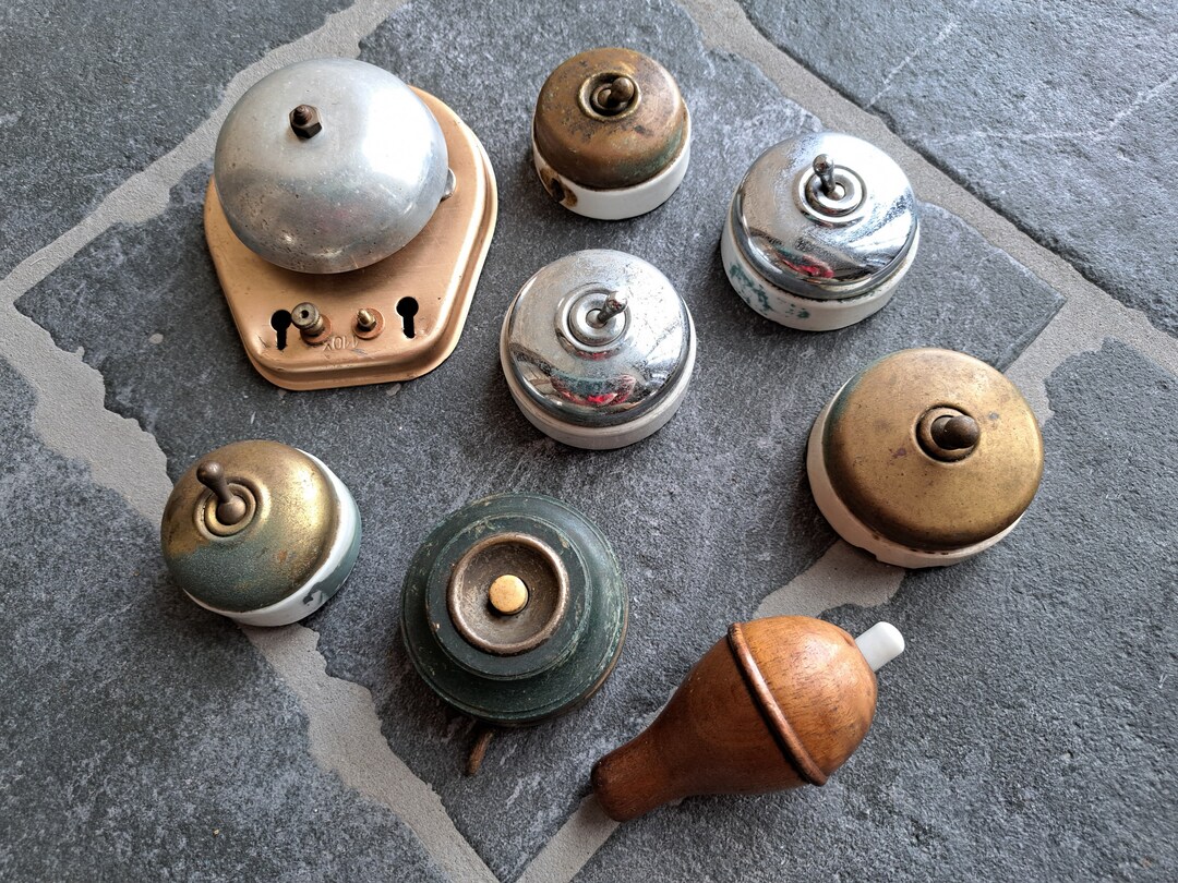 Lot of 8 Antique Items Like Electrical Switches, a Bell and a Light ...