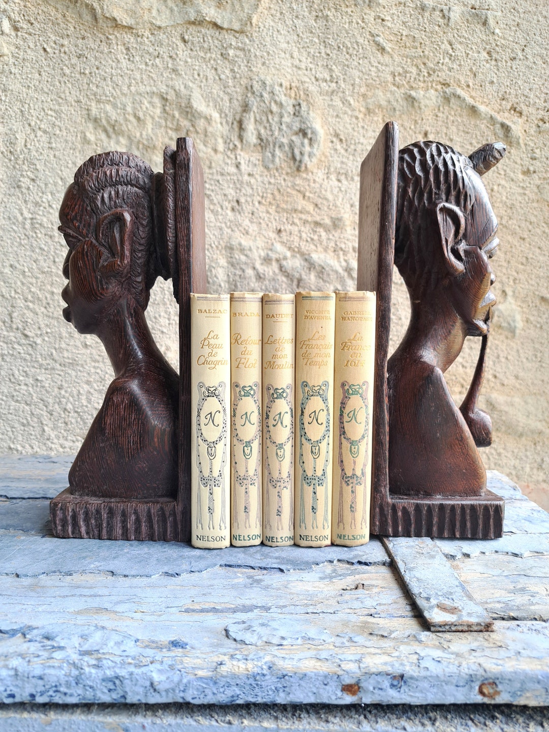 African Large Hand Carved Wood Male and Female Bust Bookends, French ...