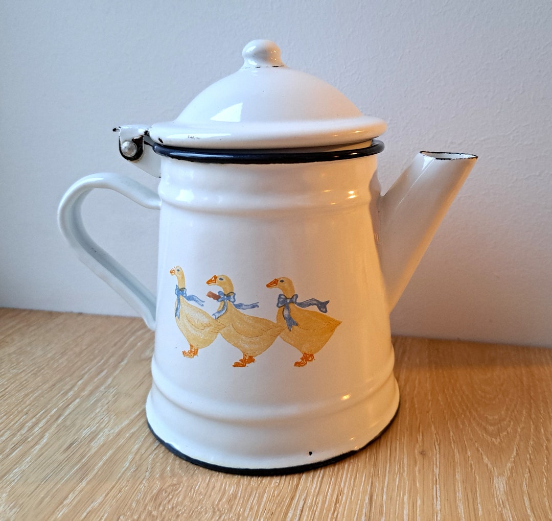 Enamel White Teapot Kettle Pot With Goose Illustration, French Vintage ...