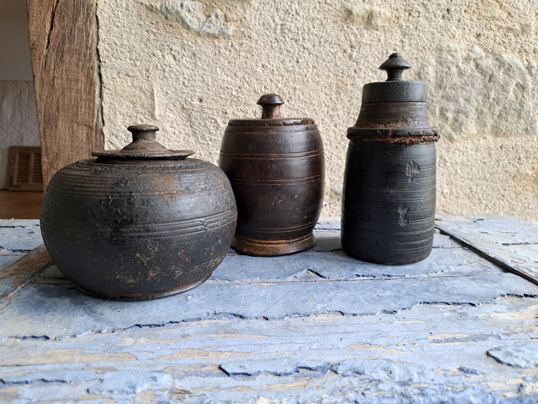 Set of 3 Antique Wooden Himachal Pots From India or Nepal, Herb Cooking ...