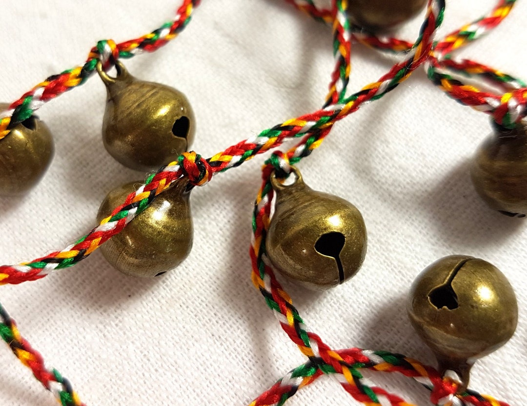 10 Small Brass Jingle Bells Colorful Cord Hanging Bells 1 Yard Long ...