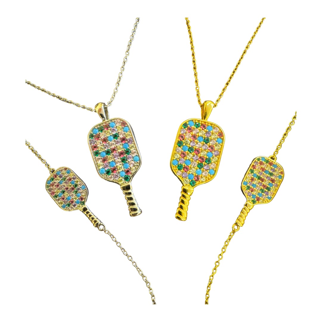 Pickleball Tennis Pave Stone Paddle Racquet Pendant Necklace Bracelet ...
