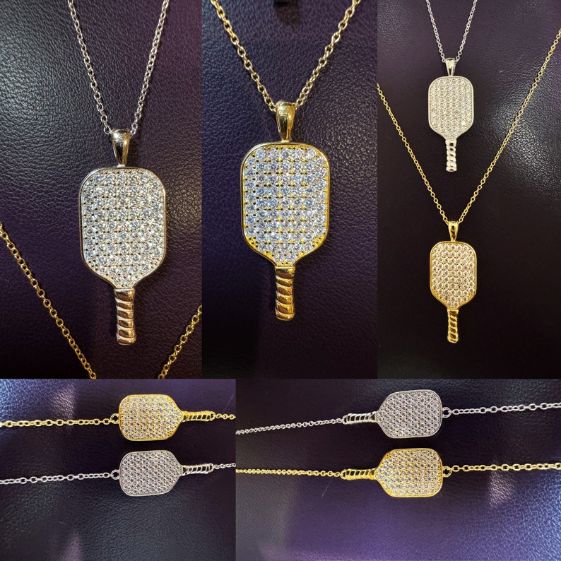 Pickleball Tennis Pave Stone Paddle Racquet Pendant Necklace Bracelet ...