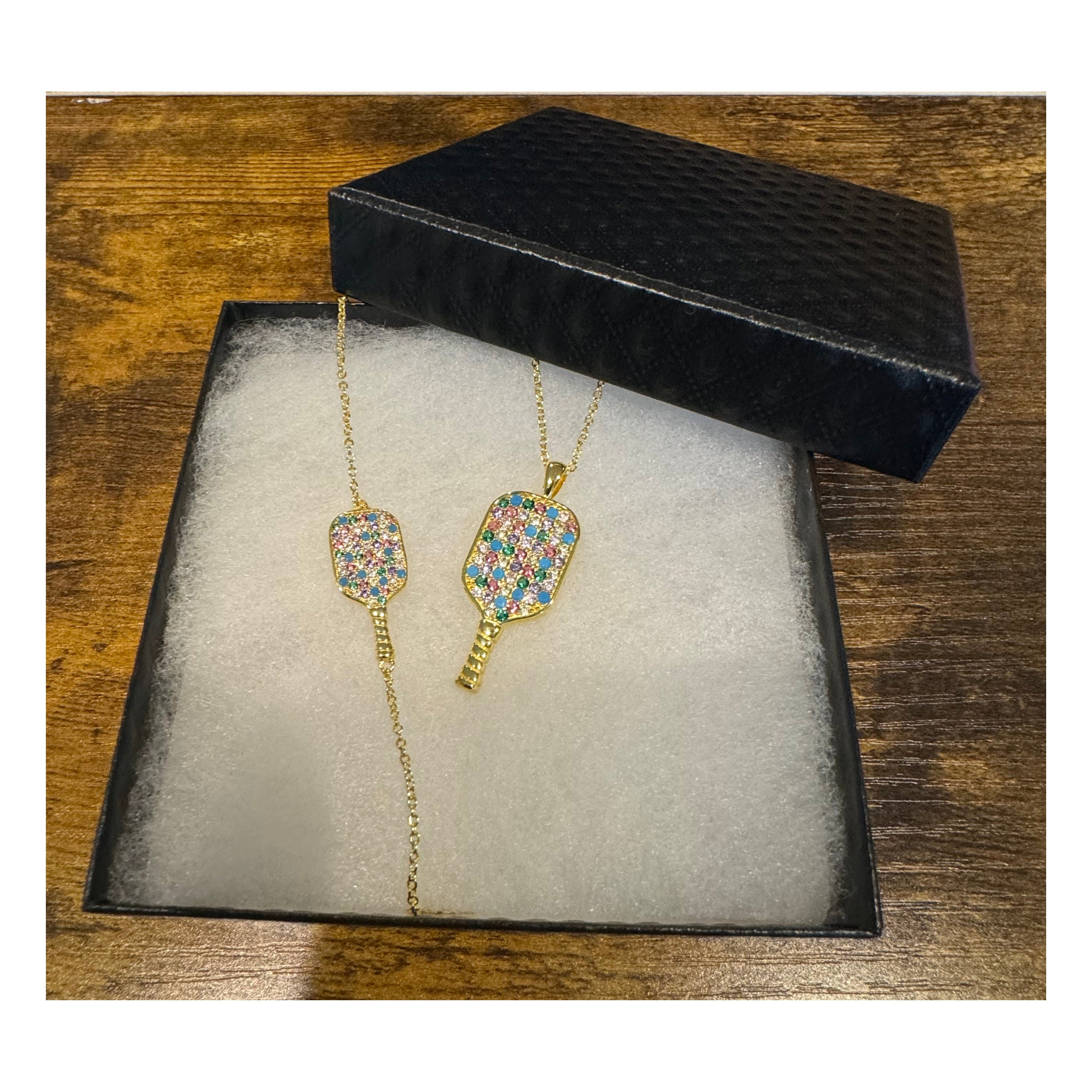 Pickleball Tennis Pave Stone Paddle Racquet Pendant Necklace Bracelet ...