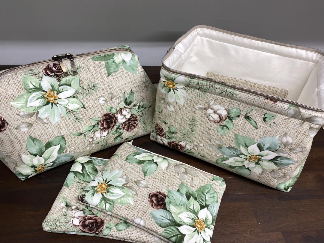 Wire Framed Retreat Bag for Cross Stitch, Embroidery or Knitting With Notions Pouch White Linen ...