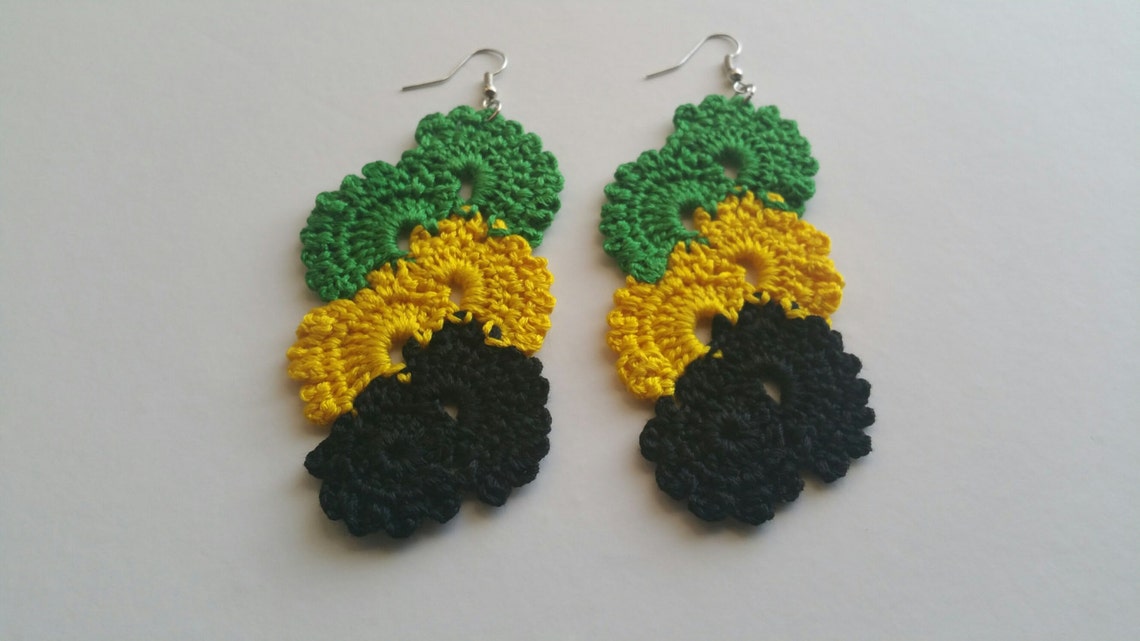 Jamaican Earrings, Caribbean Rasta Jewelry, Crochet Earrings, Afro Chic ...