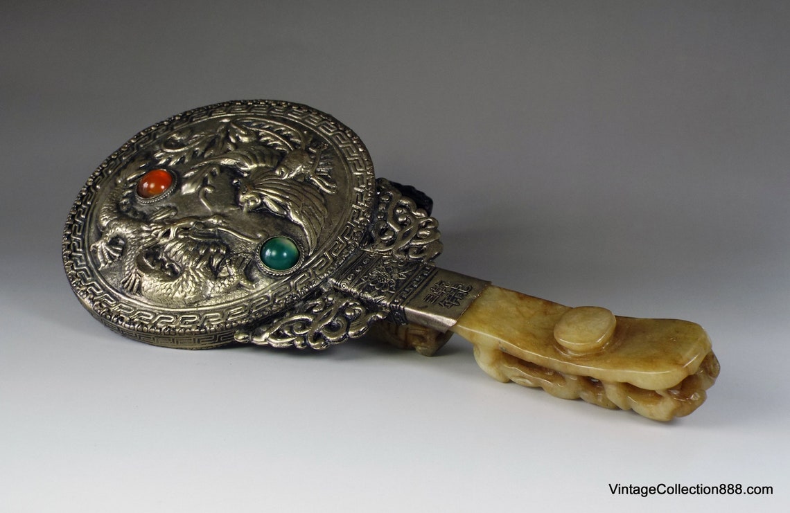 Antique Chinese Hand Mirror With Nephrite Jade Belt Buckle With Dragon ...