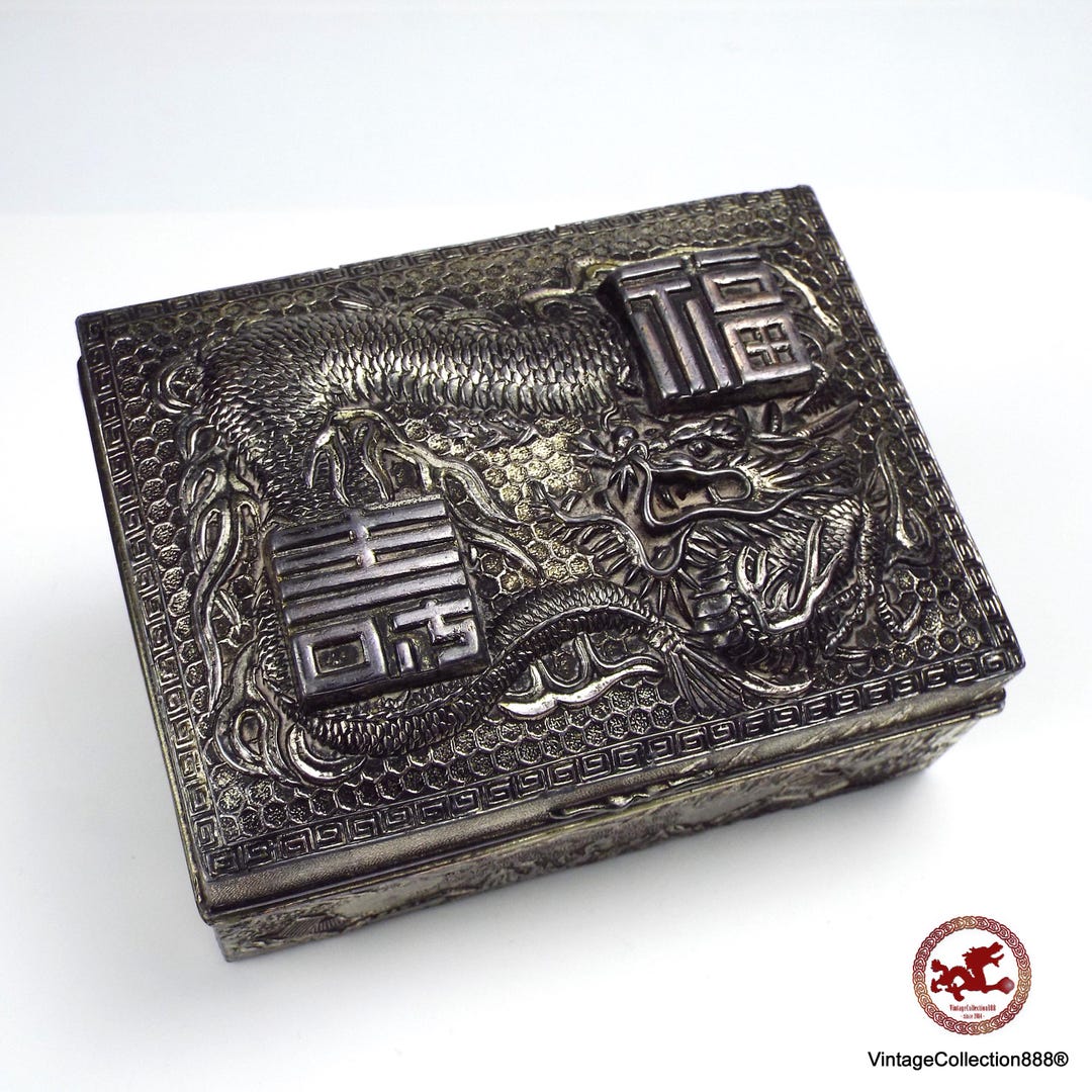 Old Japanese Silver Plated Copper Box Embossed With Dragon and ...