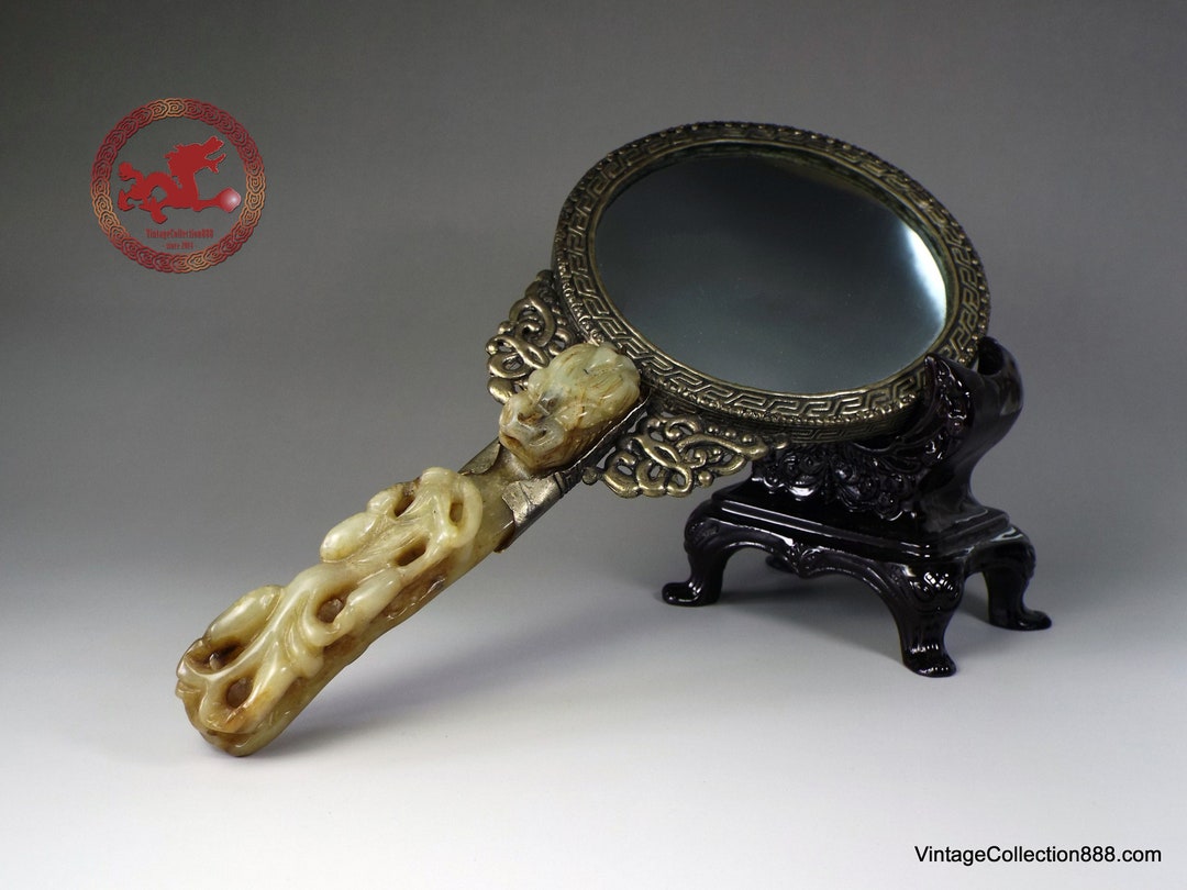 Antique Chinese Hand Mirror With Nephrite Jade Belt Buckle With Dragon ...