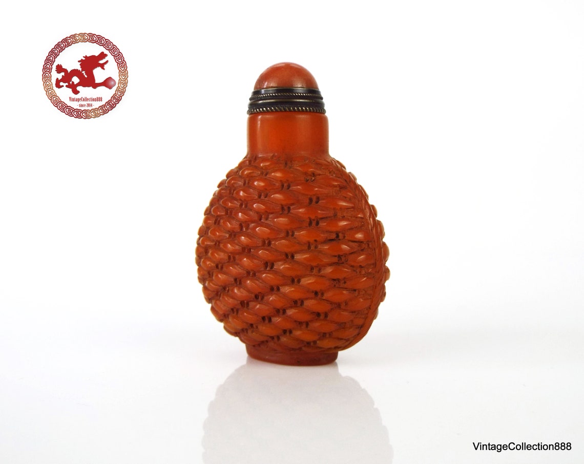 Old Chinese Snuff Bottle of Orange Glass Carved With Basket Weave ...