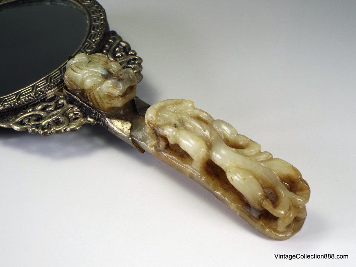 Antique Chinese Hand Mirror With Nephrite Jade Belt Buckle With Dragon ...