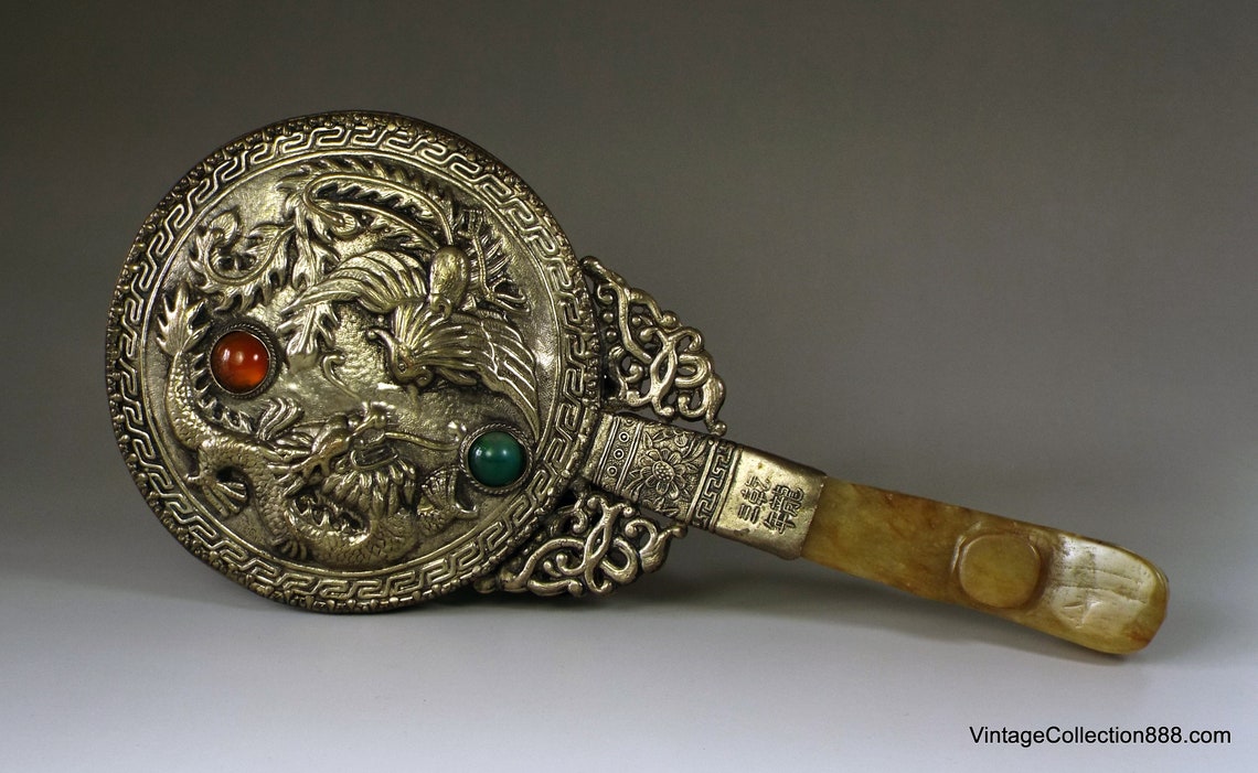 Antique Chinese Hand Mirror With Nephrite Jade Belt Buckle With Dragon ...
