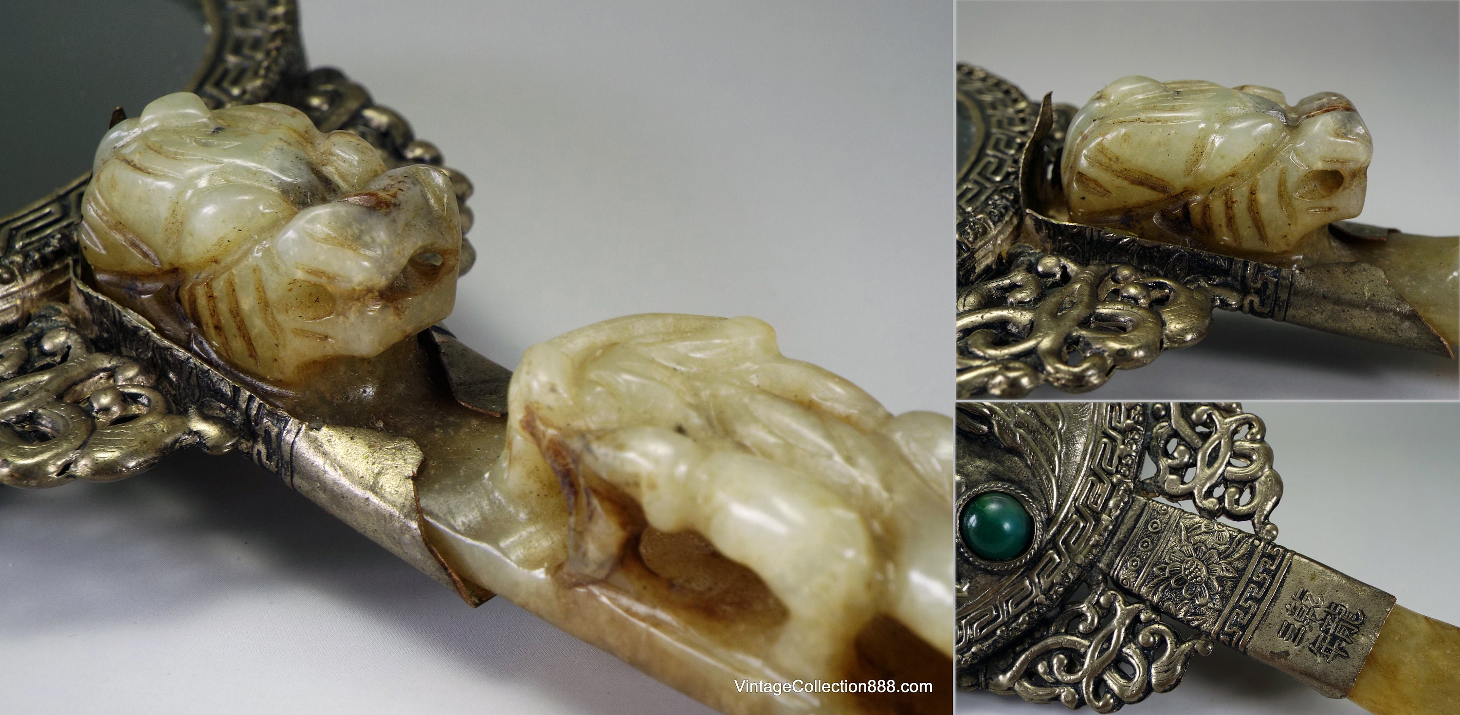 Antique Chinese Hand Mirror With Nephrite Jade Belt Buckle With Dragon ...