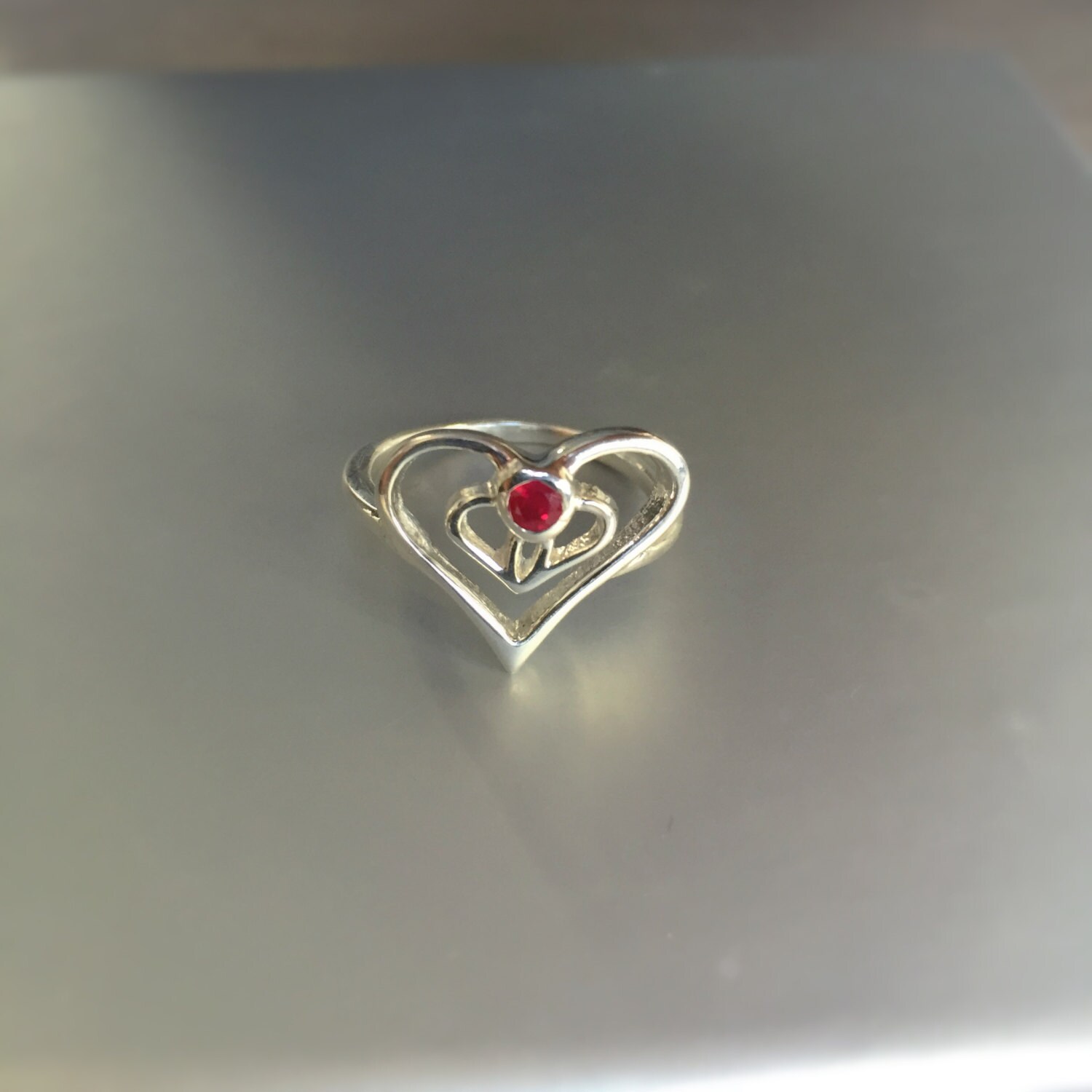 Silver & Ruby Heart Ring - Etsy