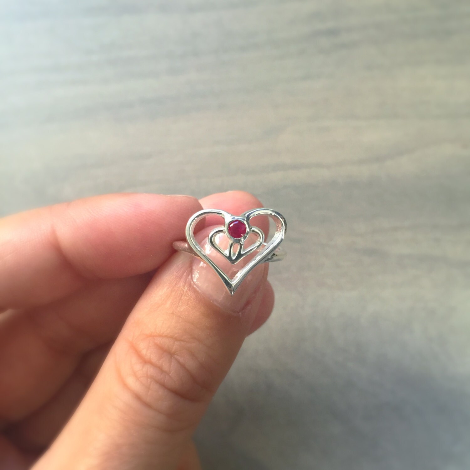 Silver & Ruby Heart Ring - Etsy