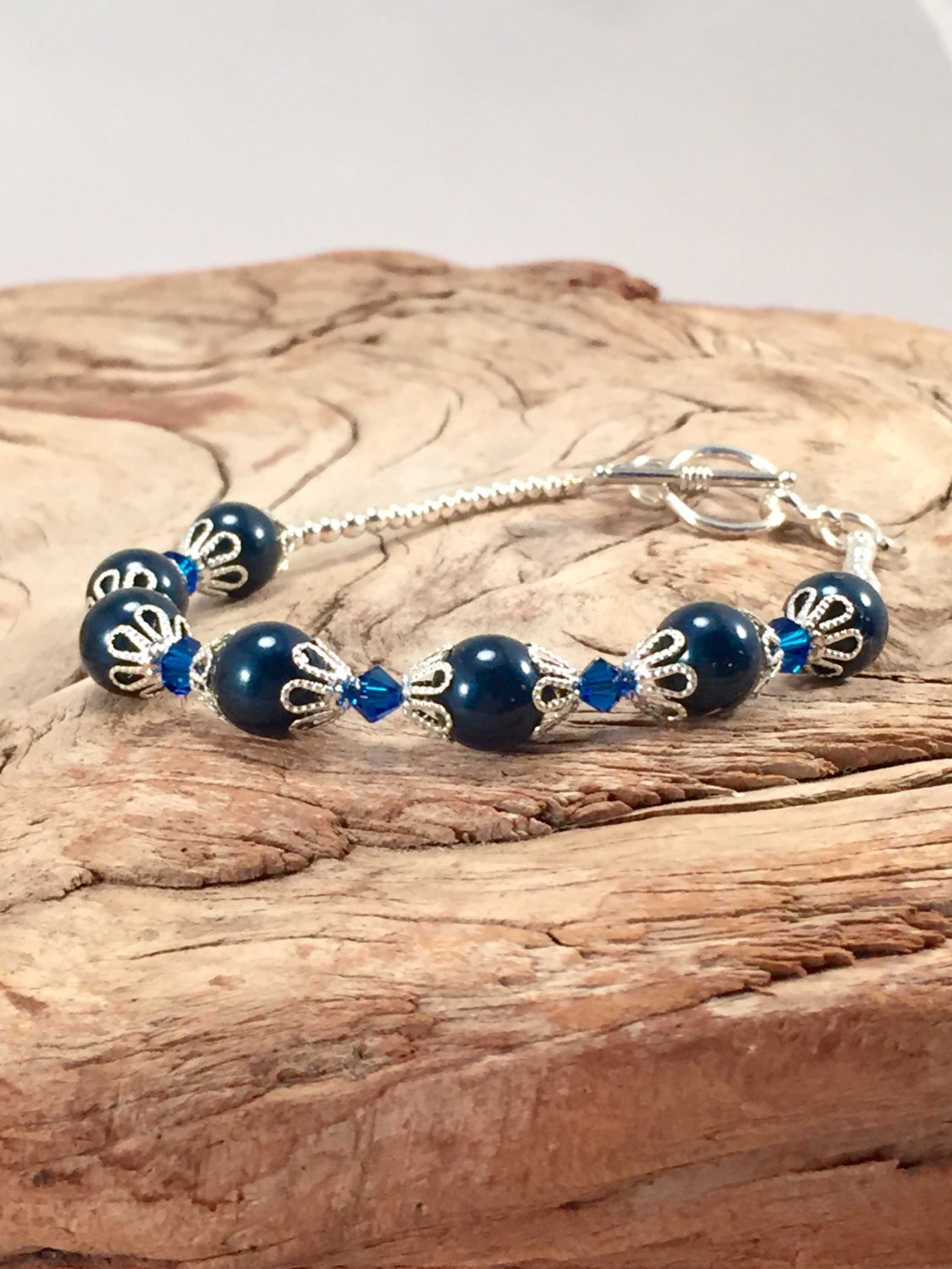 Azul brazalete de perlas pulsera azul y plata, pulsera novia azul ...