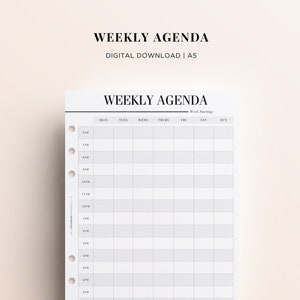 PRINTABLE A5 Weekly Agenda, Printable Weekly Planner Hourly, Printable ...