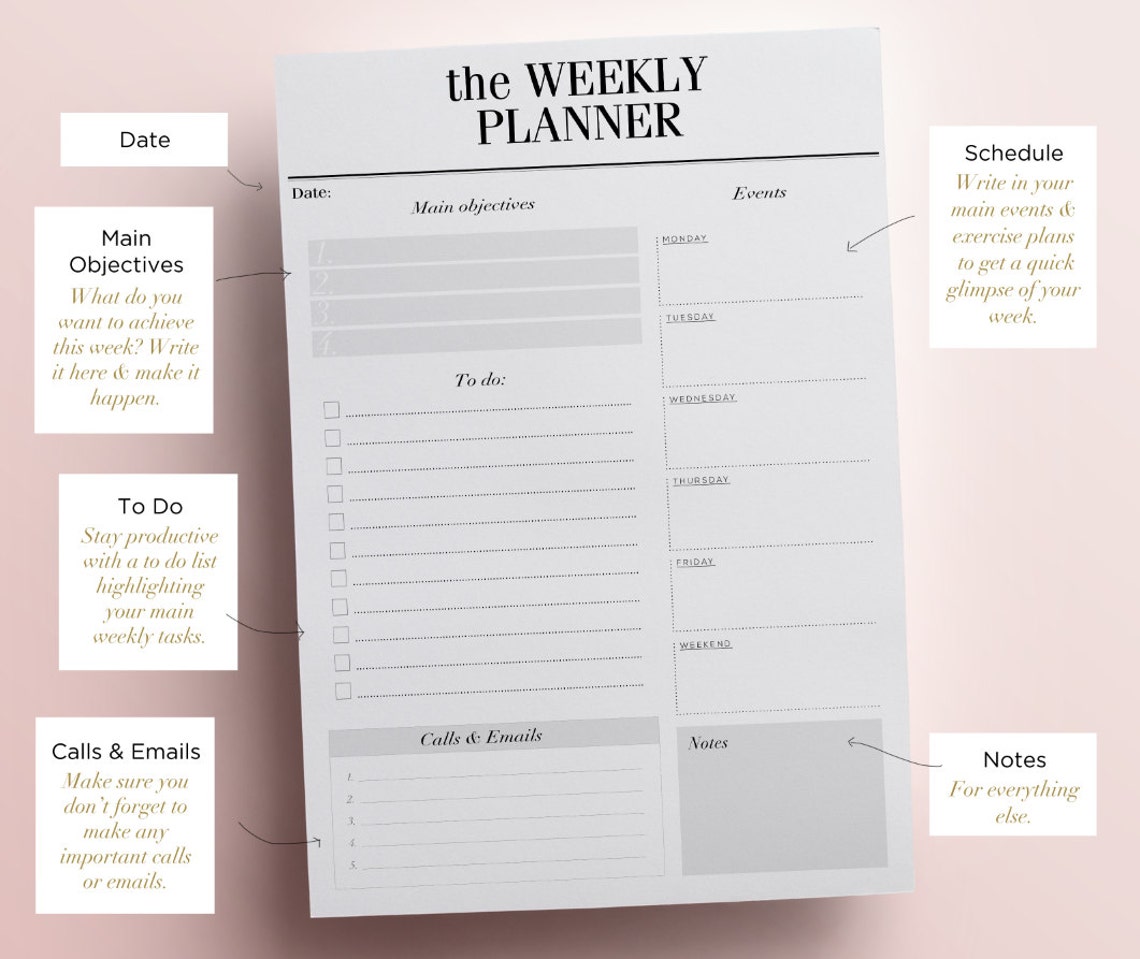 Weekly Planner Printable Detailed Week in Review Desk Pad / | Etsy