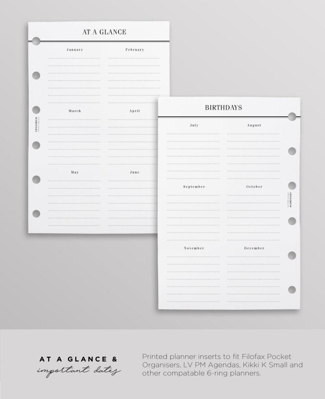 PRINTED Filofax Pocket Inserts, at A Glance, Birthday & Anniversary ...