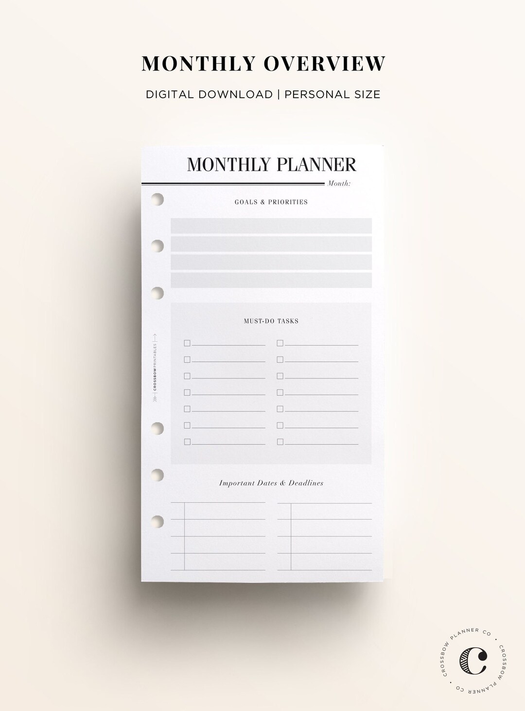 PRINTABLE PERSONAL Monthly Planner Printable Personal Size, Month on ...