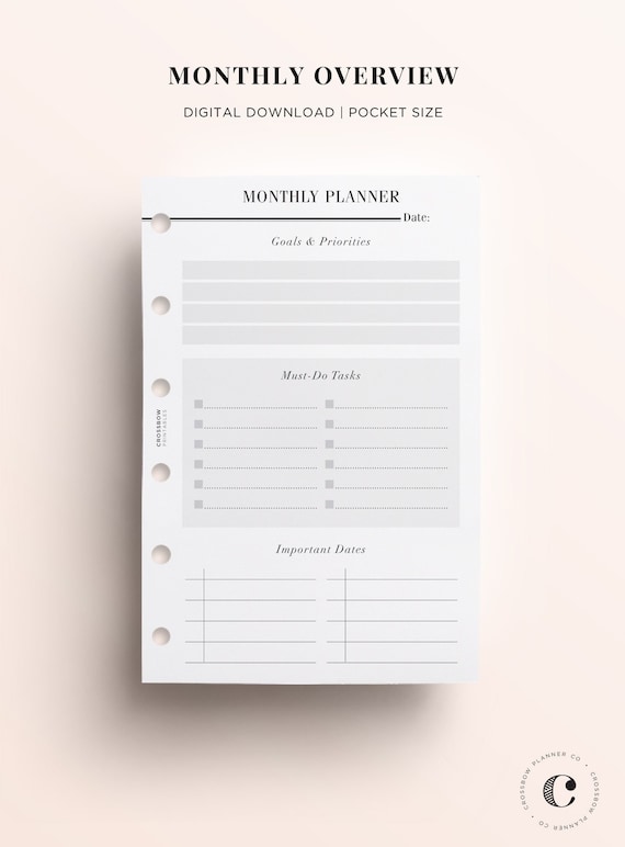 POCKET PRINTABLE Month on One Page Printable Pocket Monthly | Etsy