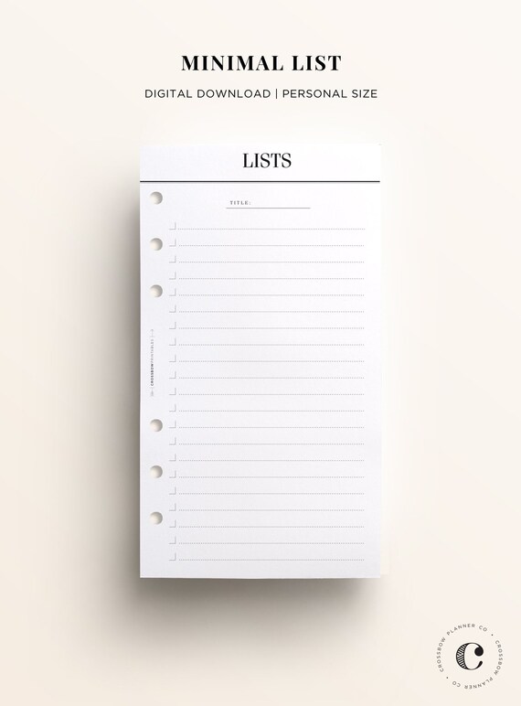PRINTABLE PERSONAL Minimal List Personal Size Planner Inserts - Etsy