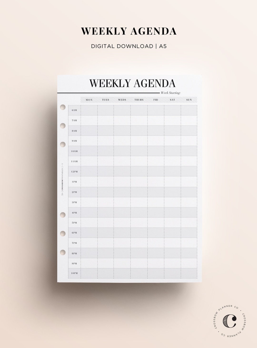PRINTABLE A5 Weekly Agenda, Printable Weekly Planner Hourly, Printable ...