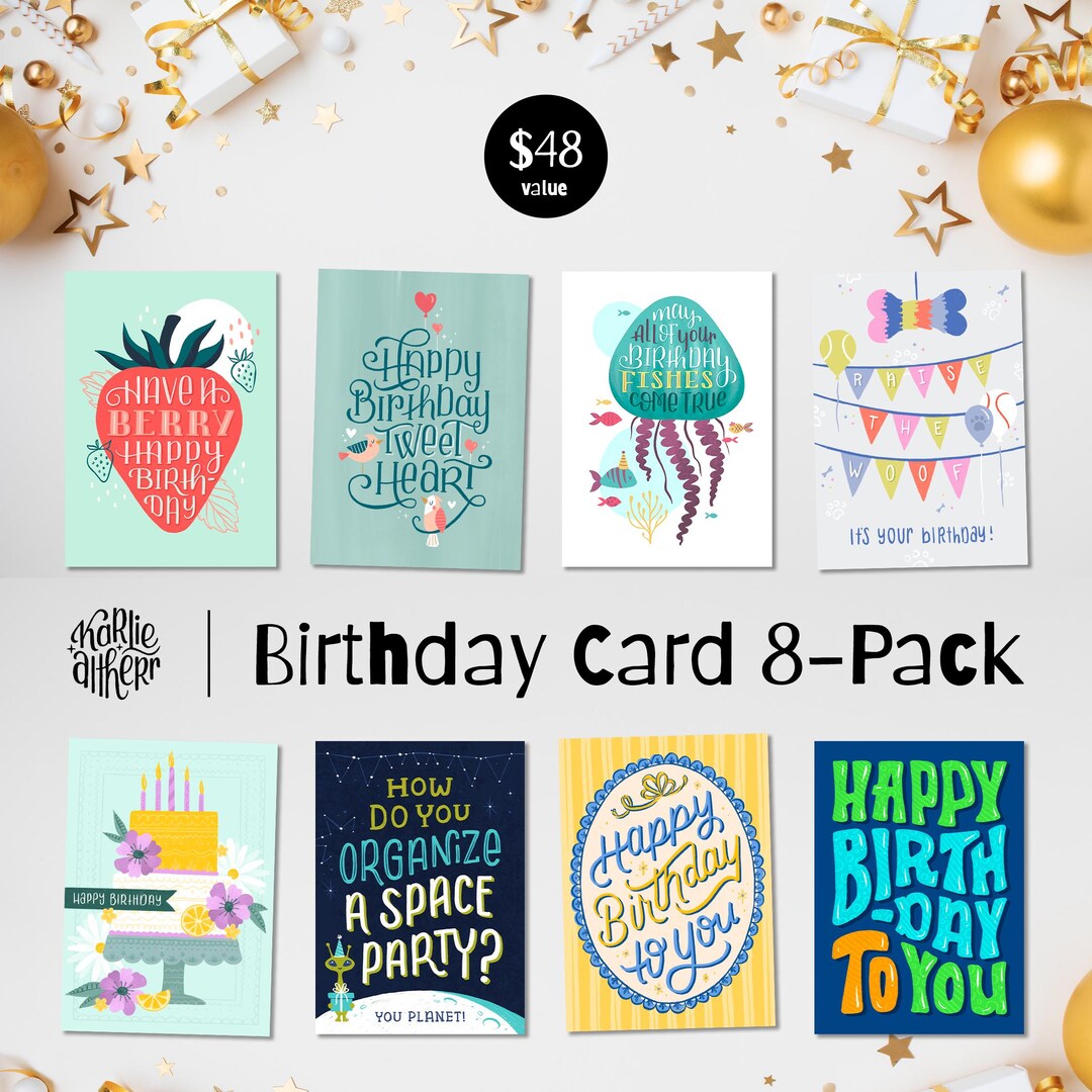 Birthday Greeting Card Bundle for All Ages – 8 Hand Lettered Birthday ...