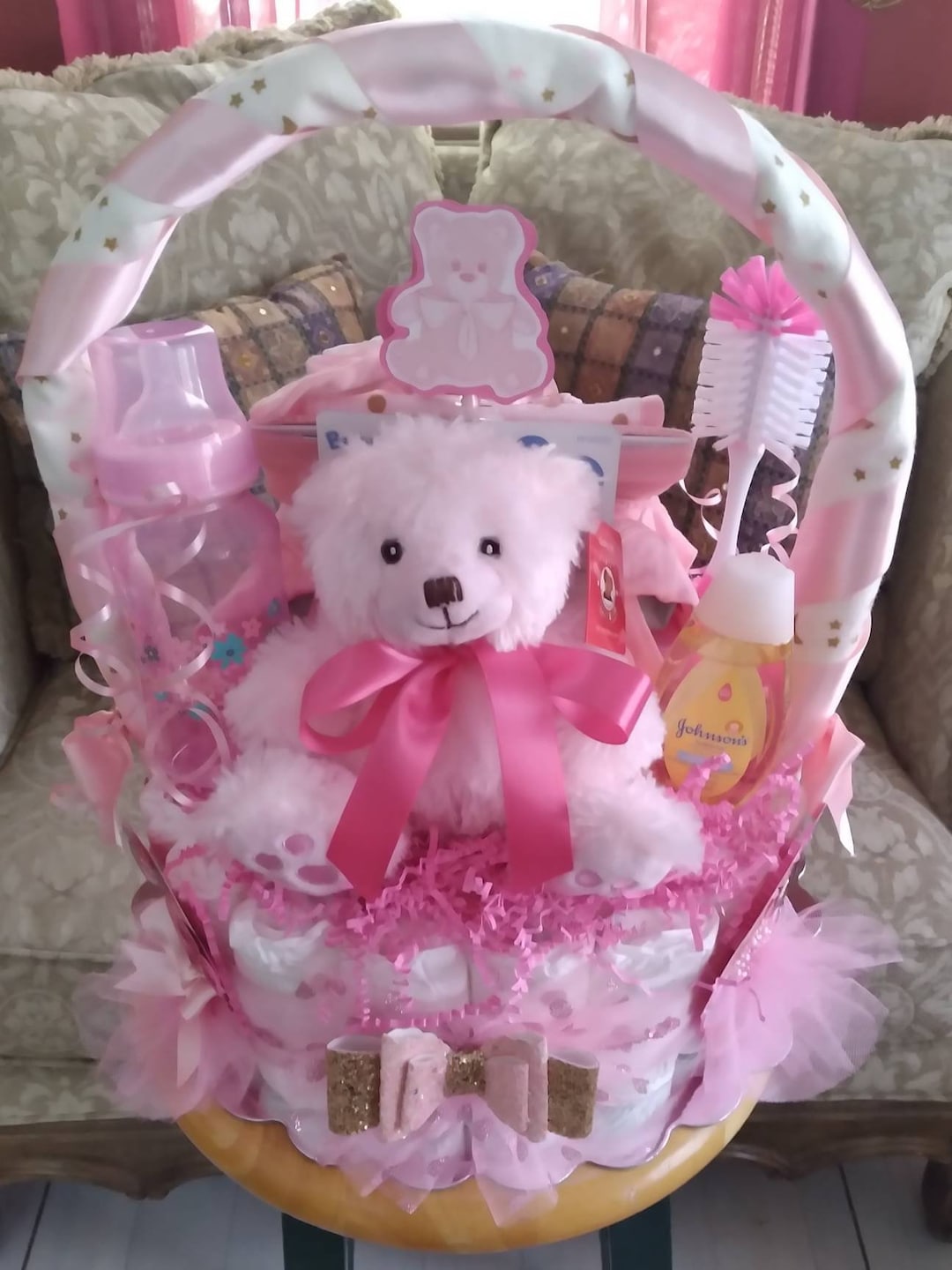 Baby Girl Pink Teddy Bear One Tier Diaper Cake Cute Teddy - Etsy