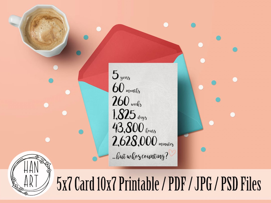 5th Anniversary Card Printable | Five Years Wood | 5x 7 Card 11 X 8.5 ...