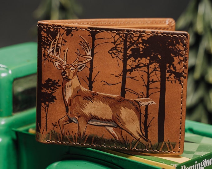 Deer in the Woods BIFOLD Walletmen's Leather Walletpersonalized ...