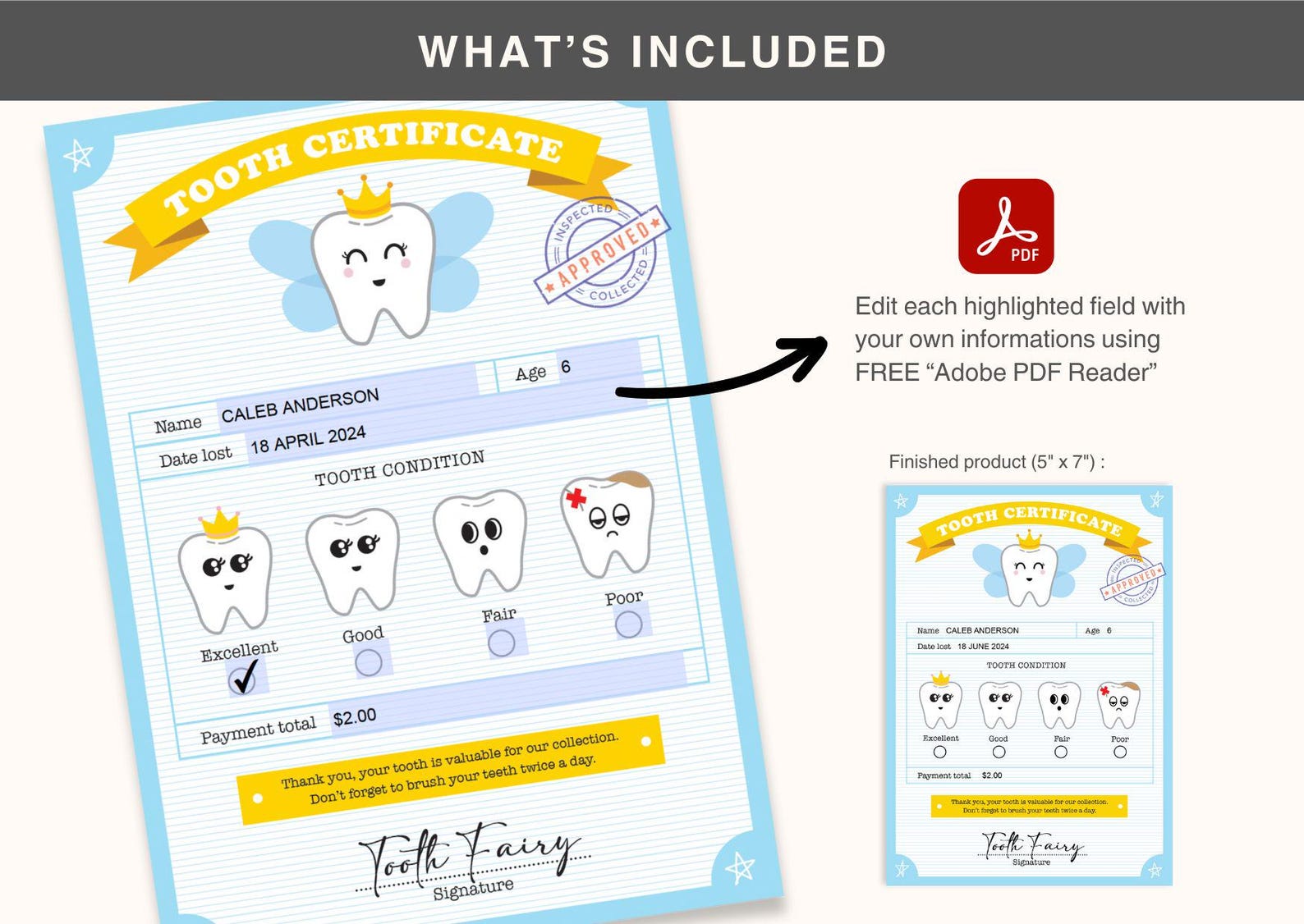 Tooth Certificate EDITABLE | Personalised Tooth Fairy Certificate ...