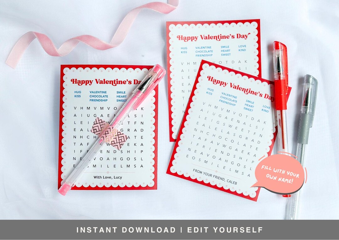Wordsearch Valentine Card Instant Download | Classroom Valentine ...