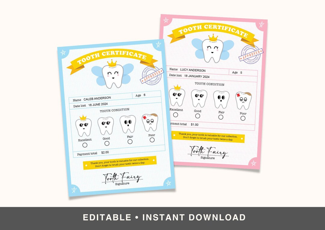 Tooth Certificate EDITABLE | Personalised Tooth Fairy Certificate ...
