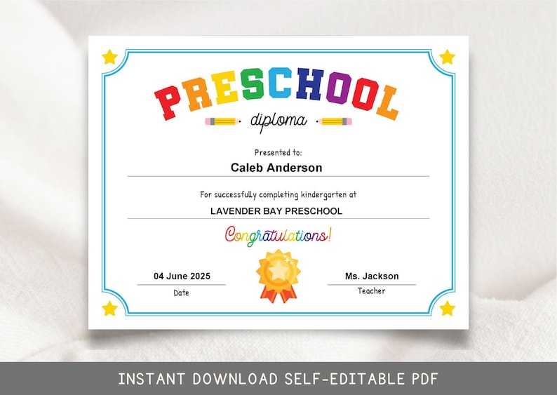 Preschool Diploma Certificate Template • Printable Preschool Graduation ...