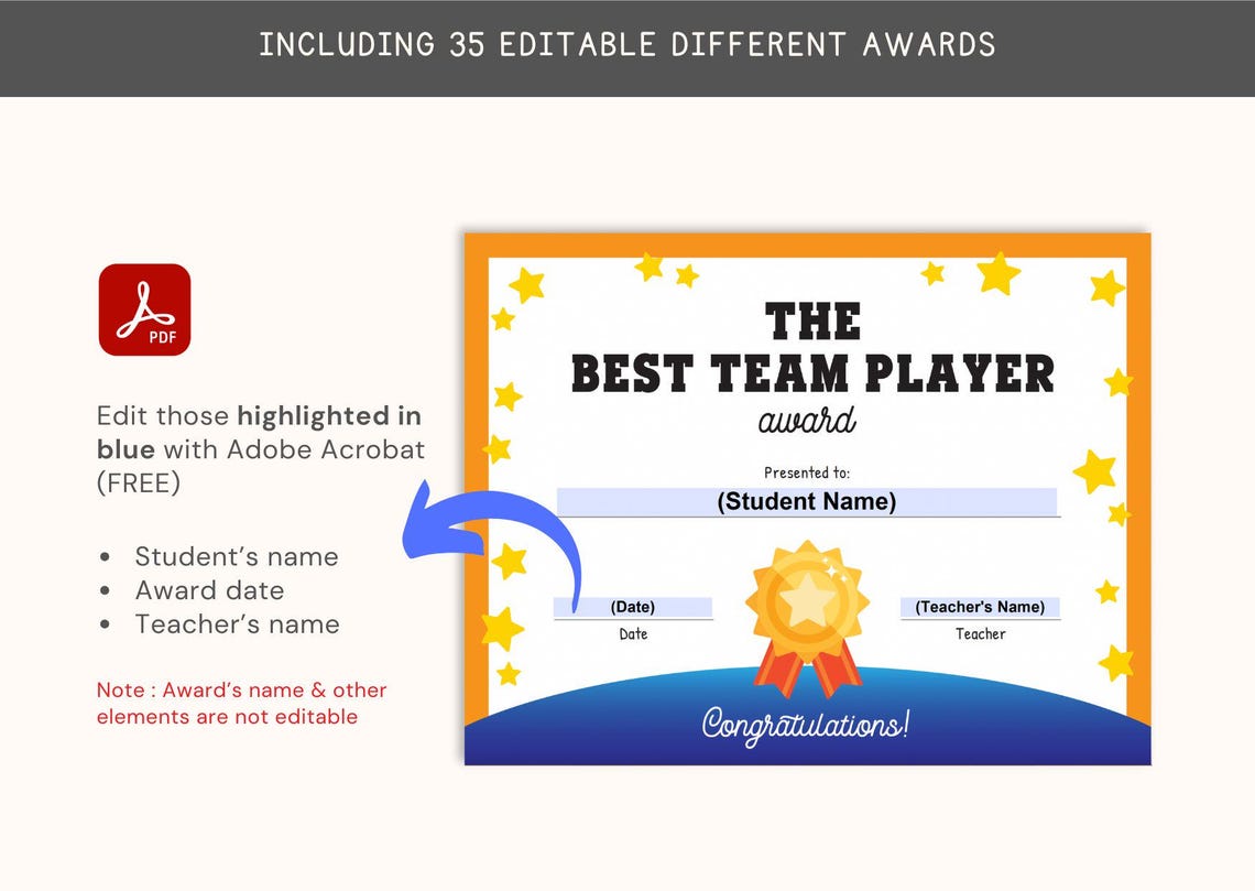 35 Student Award Certificates Printable • Self Editable Certificate ...