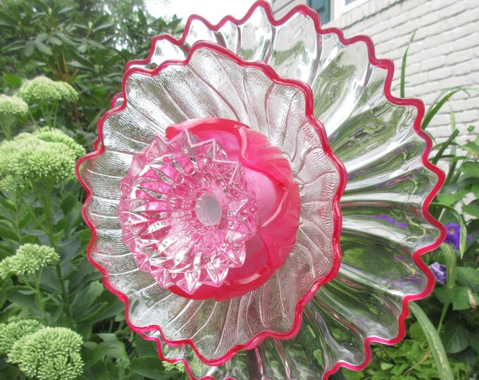 Glass Plate Flower Yard Art Flower, Garden Ornament, Upcycled ...