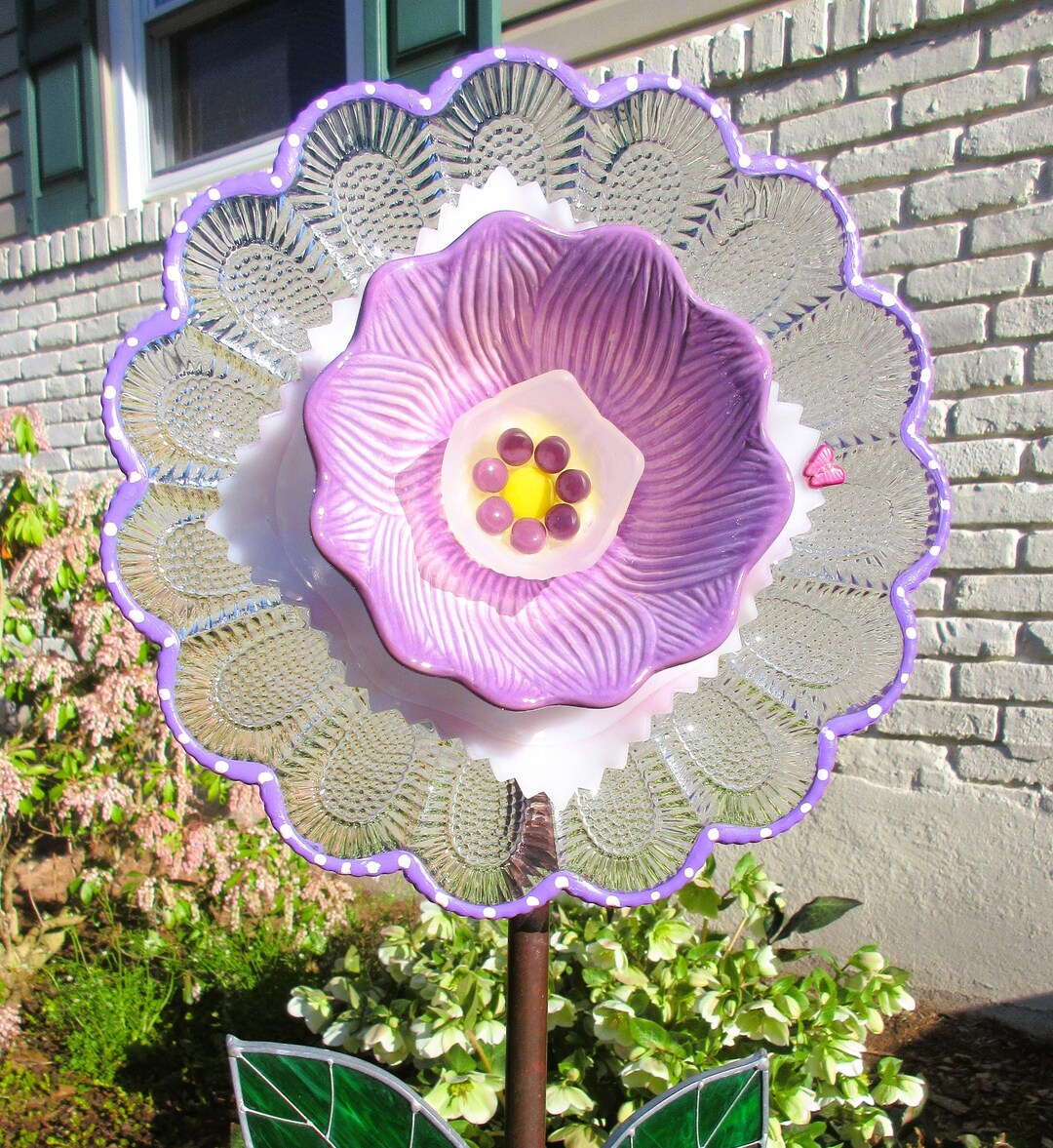 Yard Art Vintage Glass Flower Vintage Plate Flower Dish Flower Repurposed Vintage Glass