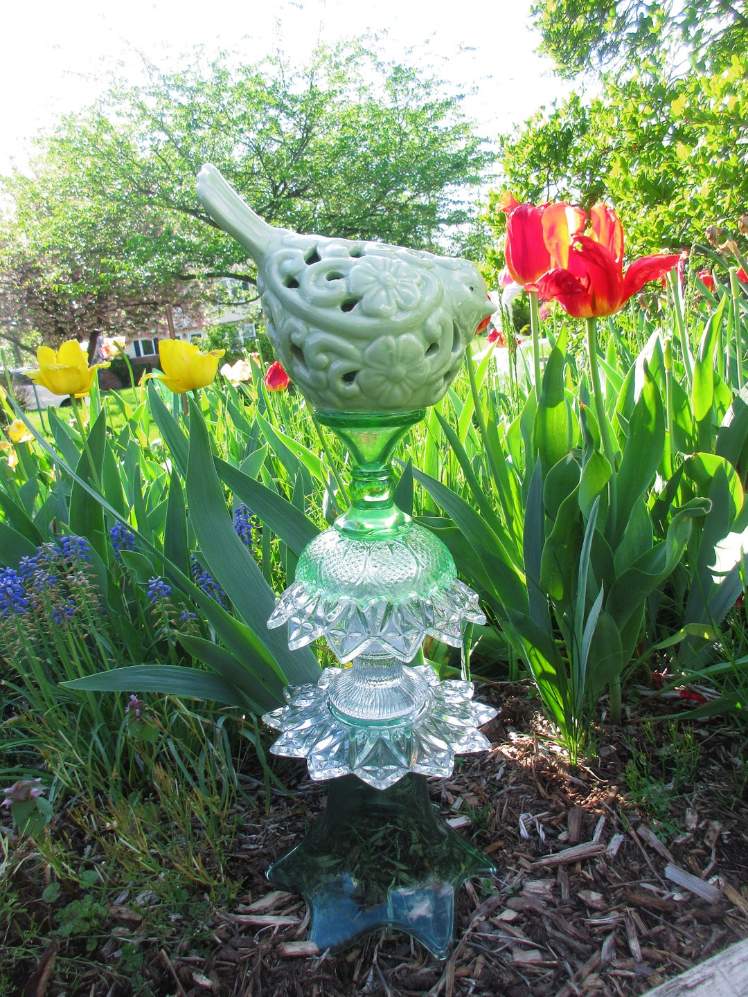 Garden Art Totems Bird on a Perch Green Garden Whimsey Garden Upcycled ...