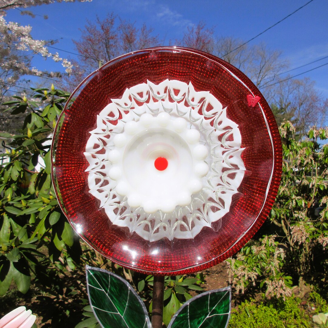 Red and Clear Glass Garden Art Flower Yard Art Garden Ornament Upcycled ...